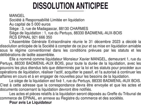 MANGEL - Vie des sociétés, SARL, DISSOLUTION ANTICIPEE - (88) - 19/01 ...