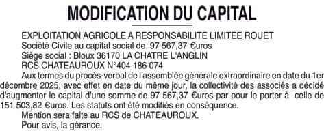 EARL ROUET - Vie des sociétés, EARL, MODIFICATION DU CAPITAL - (36 ...
