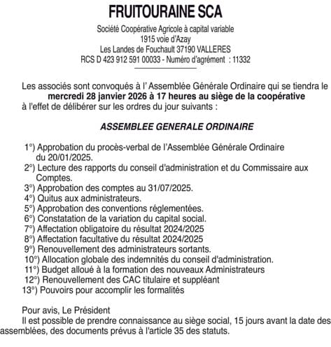 FRUITOURAINE - Annonces diverses, CONVOCATION - (37) - 10/01/2026 ...
